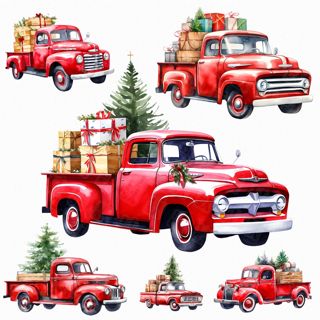 Watercolor Christmas Truck Png - Christmas Red Pickup Clipart - Digital ...