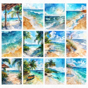 85 Watercolor Beach Digital Paper - Sunny Beach Background Designs ...