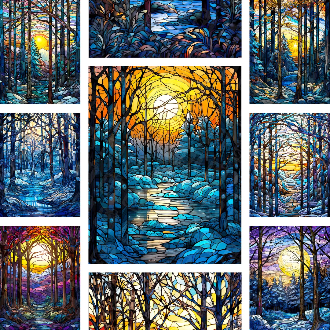 Winter Forest Stained Glass Digital Paper - Forest Landscape, Snowy ...