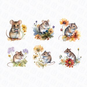 15 Mouse and Flower Png Clipart - Watercolor Cute Mice Clipart ...