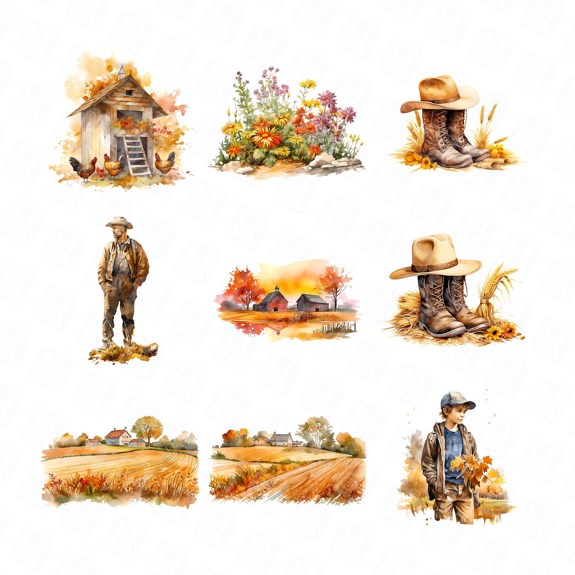 Watercolor Farm Autumn Clipart Watercolor Autumn Country - Etsy