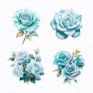 Watercolor Aqua Roses Png - Turquoise Flower - Bouquet Clipart - Flower ...