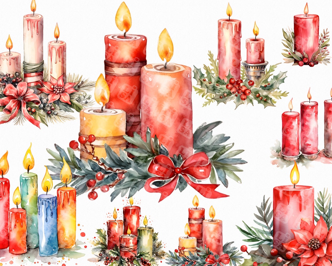 22 Watercolor Christmas Candle Png. Christmas Clipart. Festive Candles ...