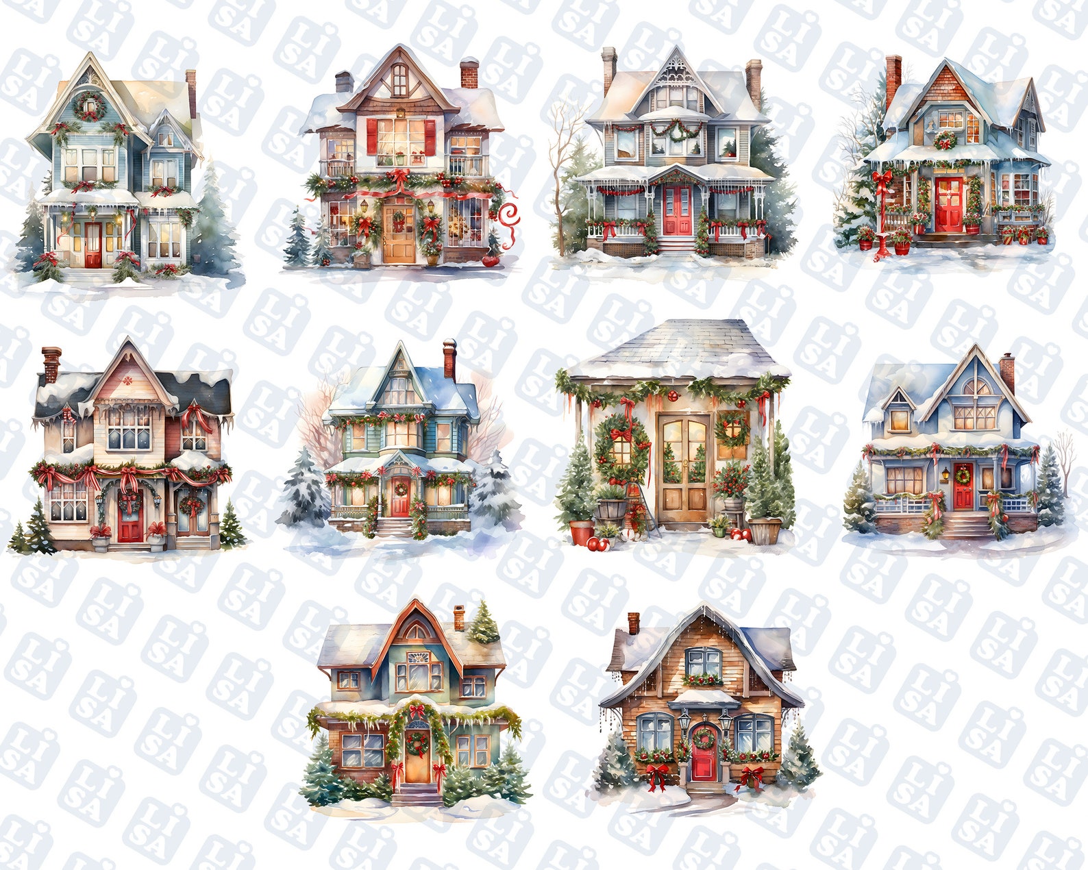22 Watercolor Christmas House Winter Houses With Christmas - Etsy