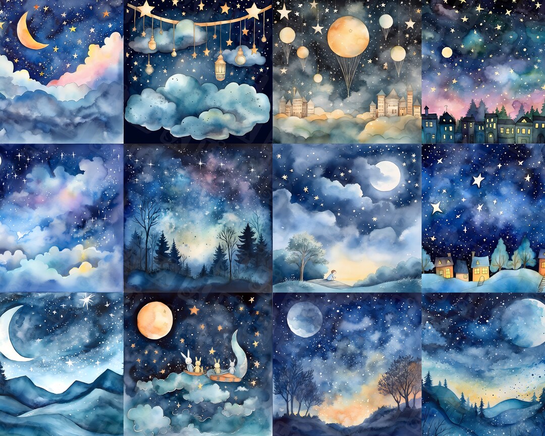 26 Watercolor Night Sky Magic Digital Paper - Nursery Starry Night Moon ...