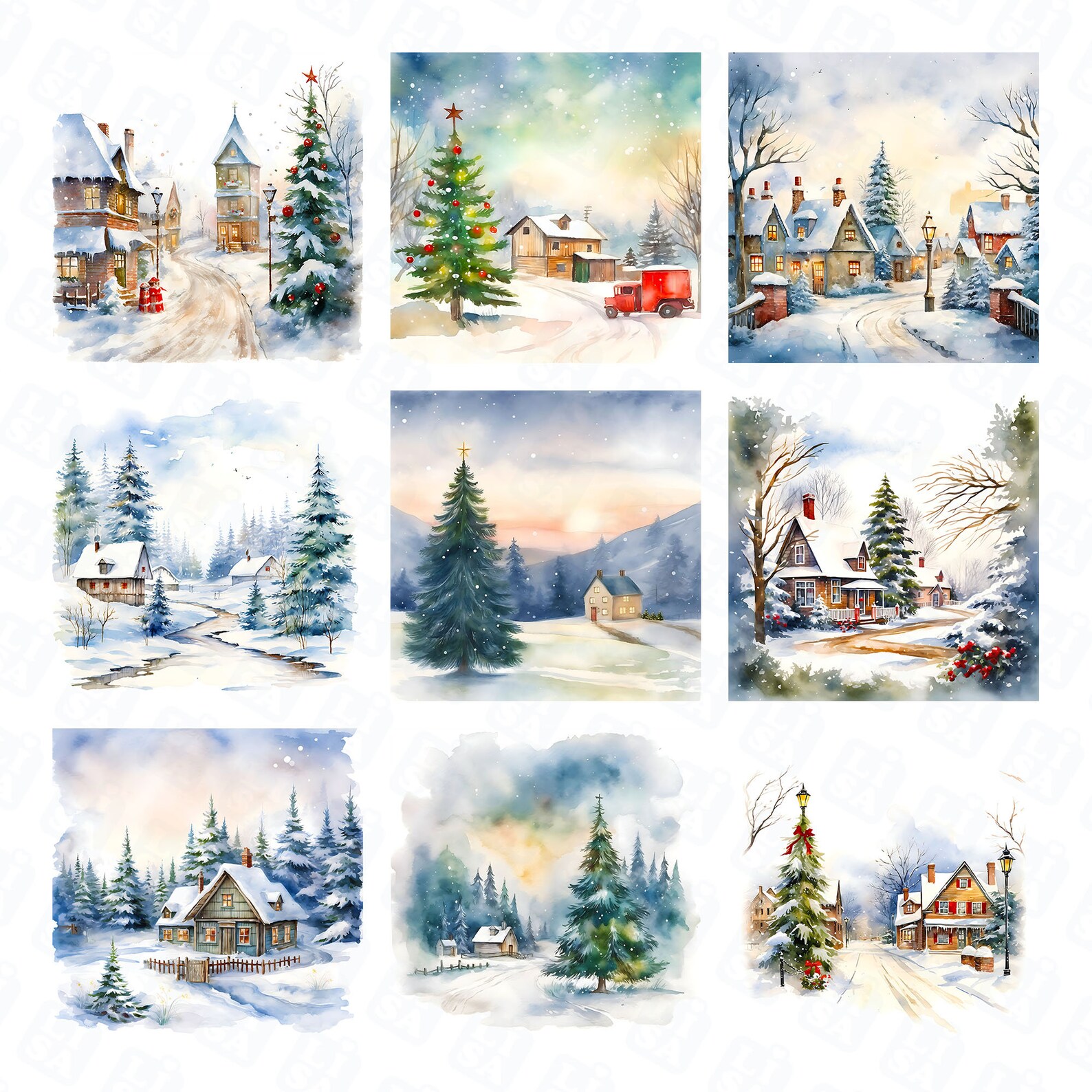 Watercolor Christmas Scene Clipart Christmas Printable Graphics in JPG ...