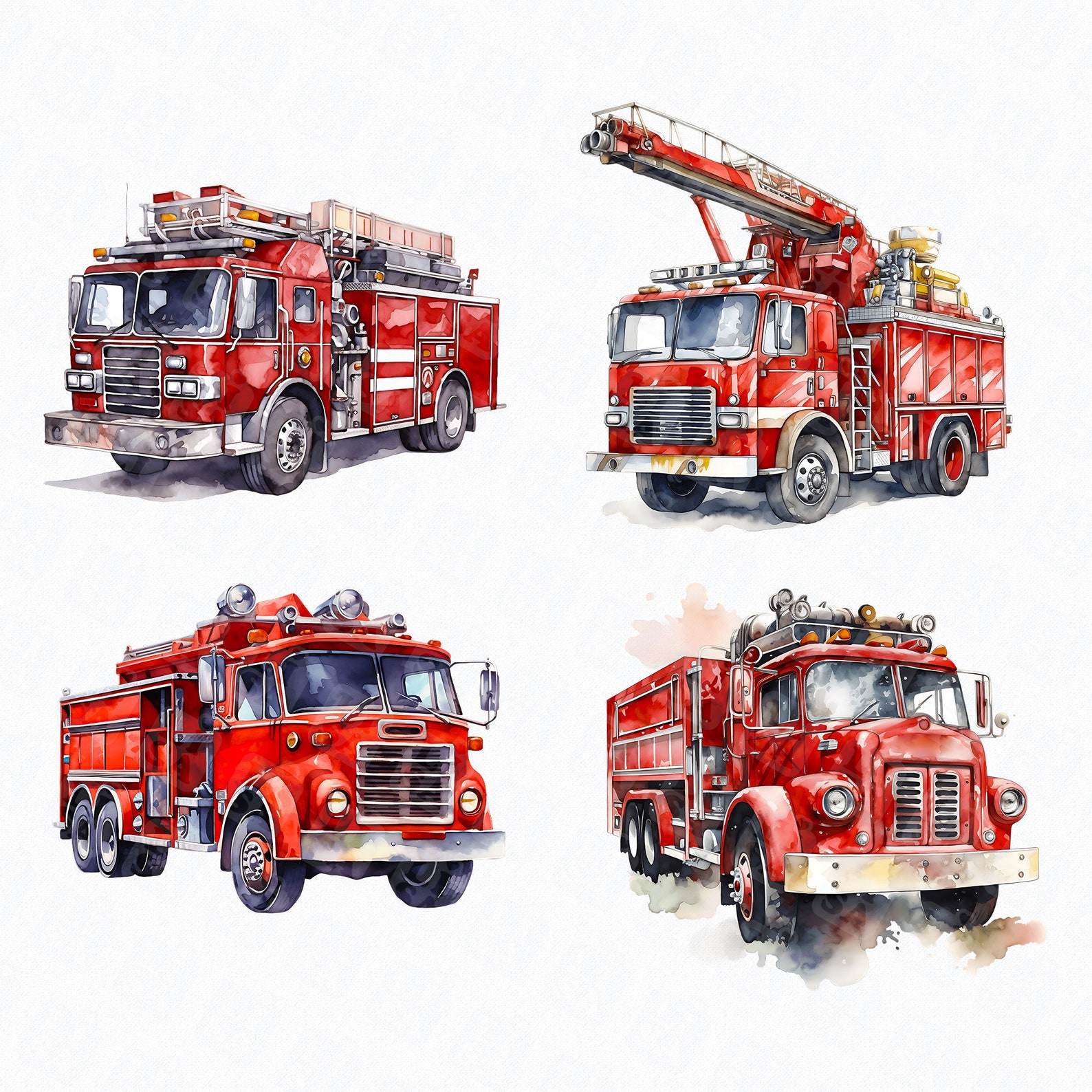 Watercolor Firetruck Png Digital Clipart, Transportation, Firetruck ...