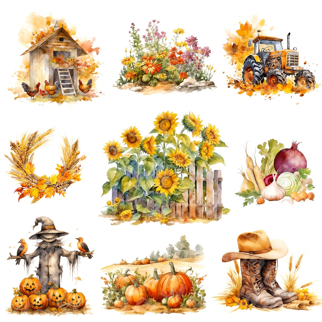Watercolor Farm Autumn Clipart - Watercolor Autumn - Country Clipart ...