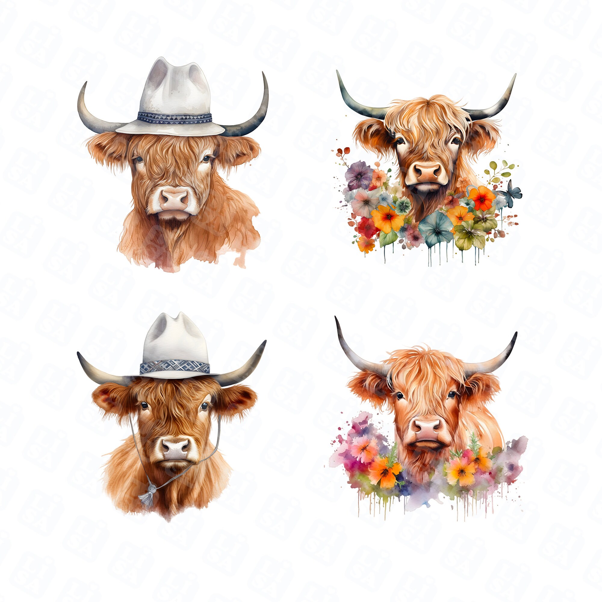 Watercolor Highland Cow Clipart Cow With Hat Flowers Bow - Etsy