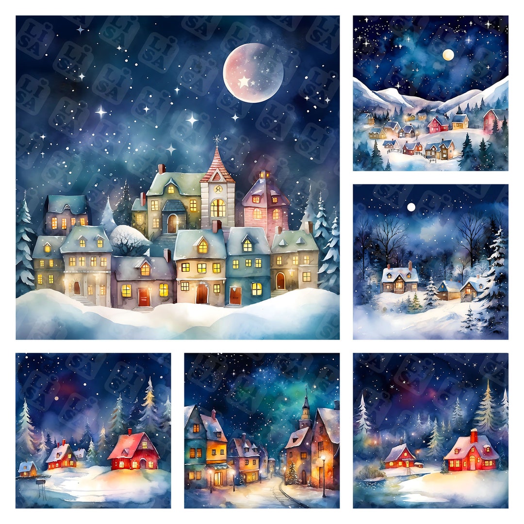 Watercolor Christmas Night Clipart - Christmas Village Printable ...