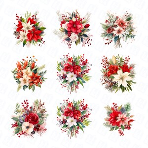 Watercolor Christmas Flowers Clipart - Christmas Bouquets - Card Making ...