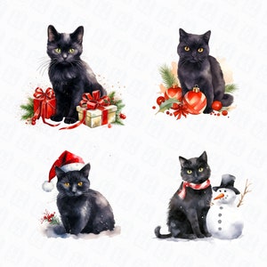 Watercolor Christmas Black Cat Png - Happy New Year Png, Santa Hat ...