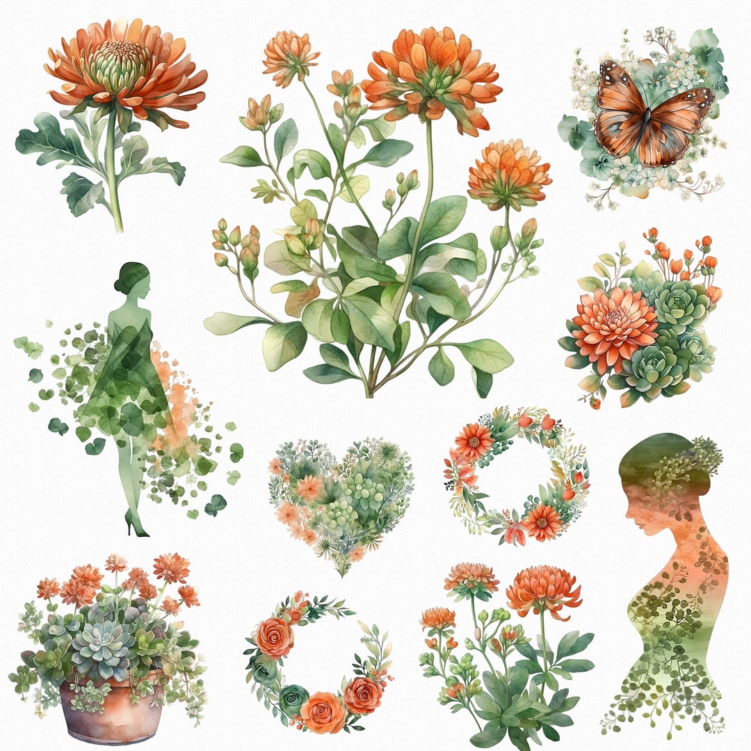 25 Watercolor Terracotta and Green Flowers Png - Terracotta Flowers ...