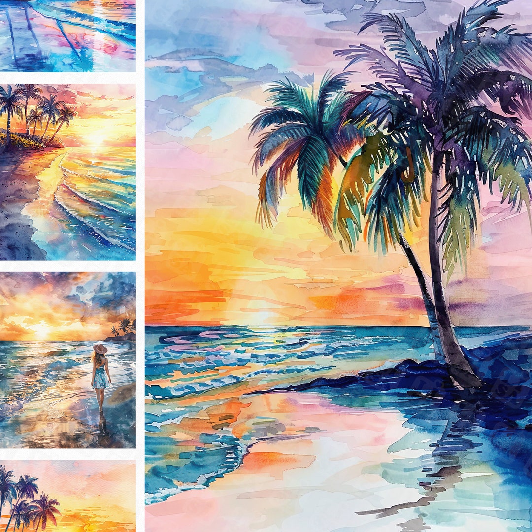 39 Watercolor Sunset Beach Digital Paper - Sunrise Beach Background ...