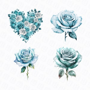 Watercolor Aqua Roses Png - Turquoise Flower - Bouquet Clipart - Flower ...