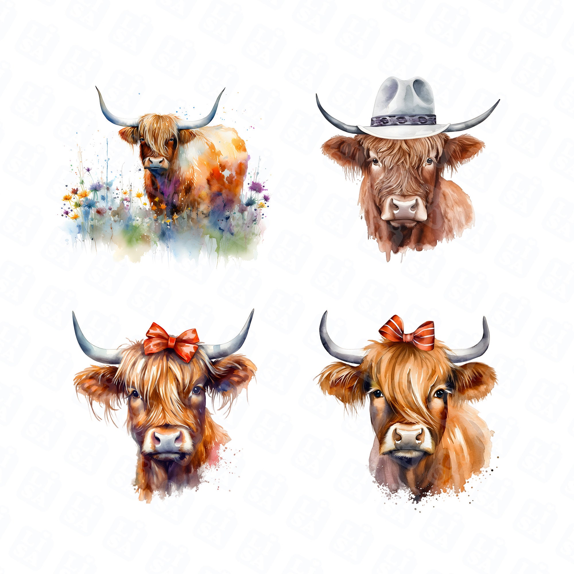 Watercolor Highland Cow Clipart Cow With Hat Flowers Bow - Etsy