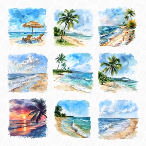 53 Watercolor Beach Clipart - Sunny Beach Png, Tropical Beach Designs ...