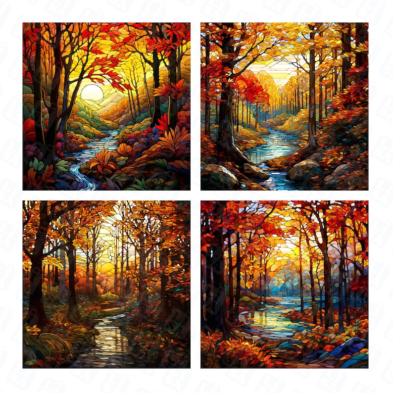 Autumn Forest Stained Glass Digital Paper - Digital Background, Forest ...