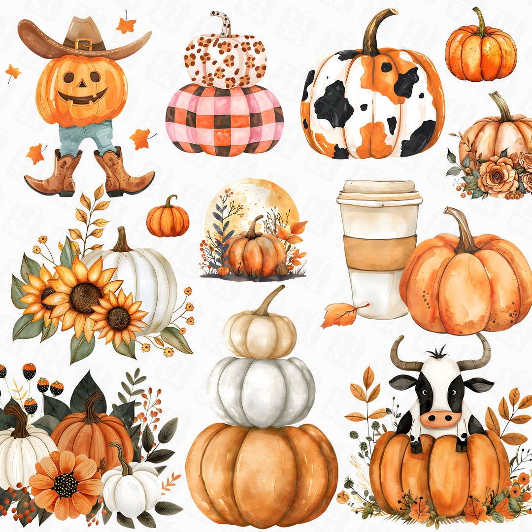 85 Pumpkin Clipart, Floral Pumpkin Png, Cute Pumpkin Bundle, Pumpkin ...