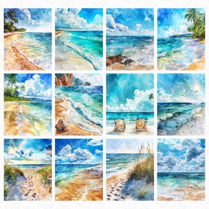 85 Watercolor Beach Digital Paper - Sunny Beach Background Designs ...