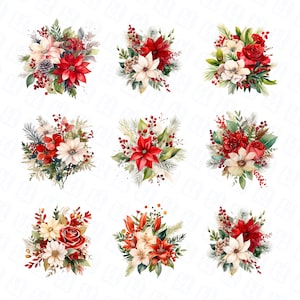 Watercolor Christmas Flowers Clipart - Christmas Bouquets - Card Making ...