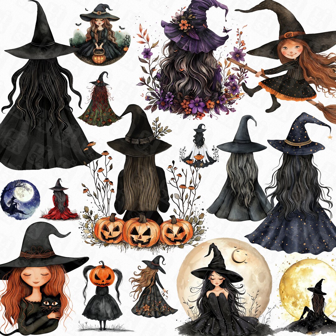 79 Halloween Witch Png, Cute Witch Clipart, Back View Witch Digital ...