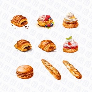 Watercolor French Bakery, Baking Clipart, Bakery Clipart, Brunch ...
