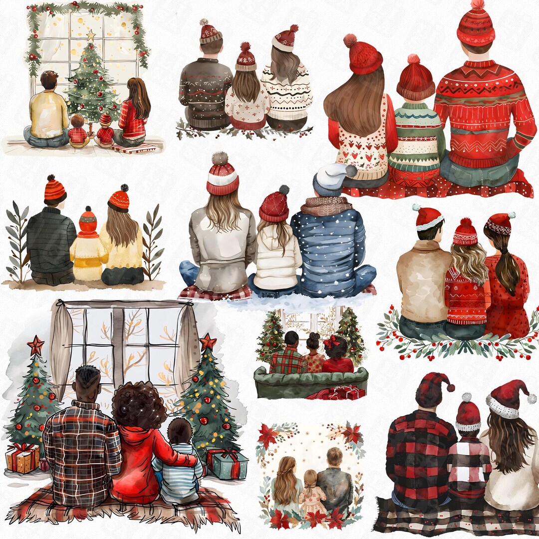 23 Christmas Family Clipart, Sitting Family Back View, Winter Family ...