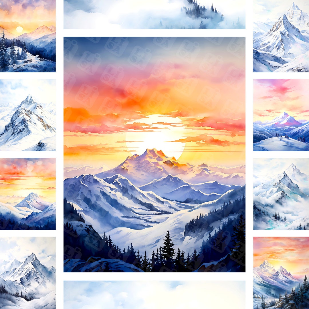 Watercolor Winter Mountain Digital Paper Printable - Mountain Landscape ...