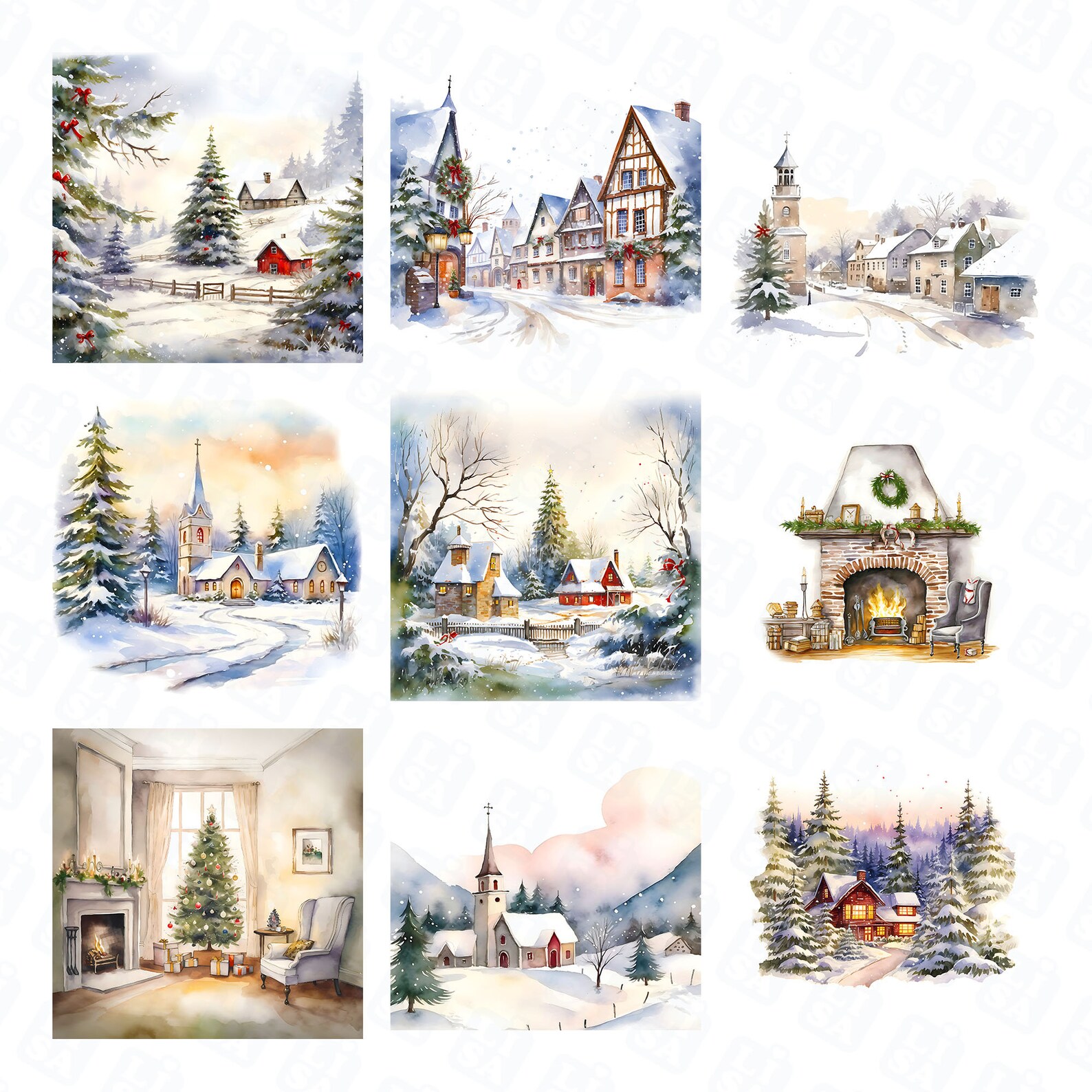 Watercolor Christmas Scene Clipart Christmas Printable Graphics in JPG ...