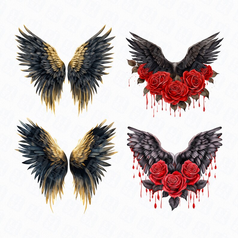 Watercolor Black Wings Png Gold Wings Png Red Roses Wings - Etsy