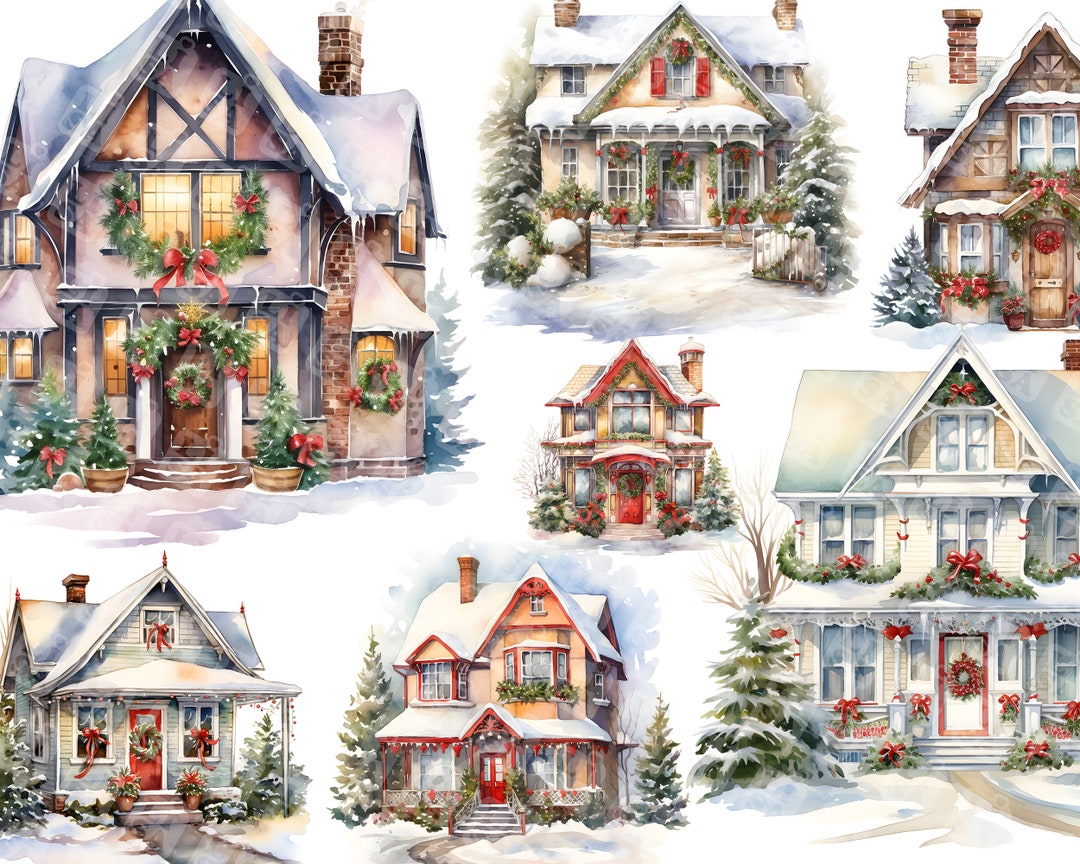 43 Watercolor Christmas House - Winter Houses With Christmas Decoration ...