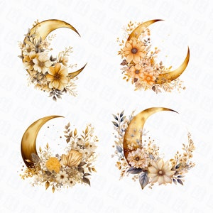 Watercolor Floral Golden Moon PNG Clipart - Floral Gold Moon With ...