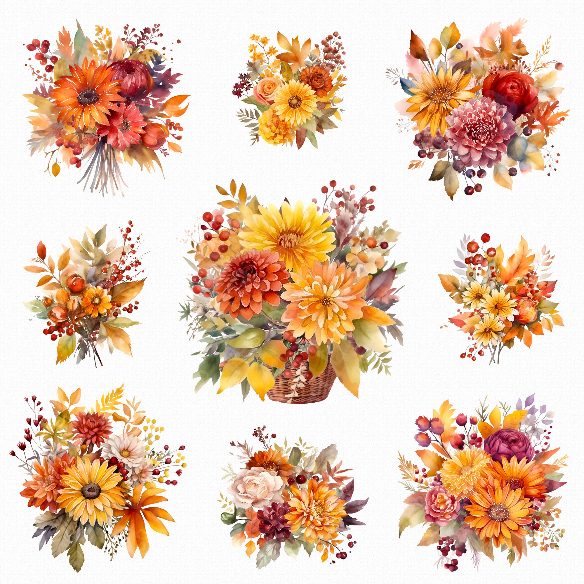 Watercolor Autumn Flowers Bouquet Png Fall Floral Clipart - Etsy