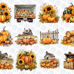 23 Watercolor Pumpkin Harvest Png. Autumn Farm Sunflowers Pumpkin ...