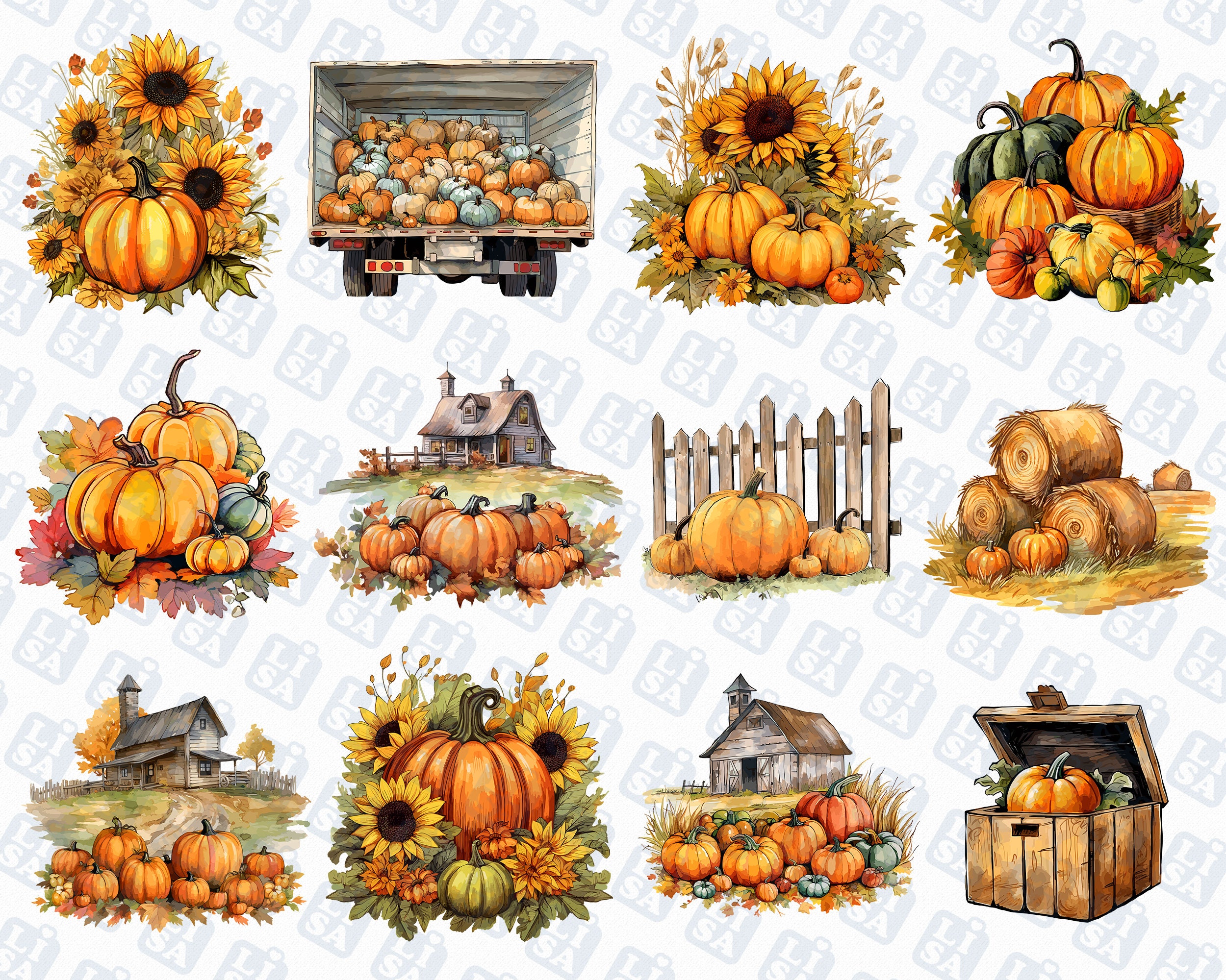 23 Watercolor Pumpkin Harvest Png. Autumn Farm Sunflowers - Etsy