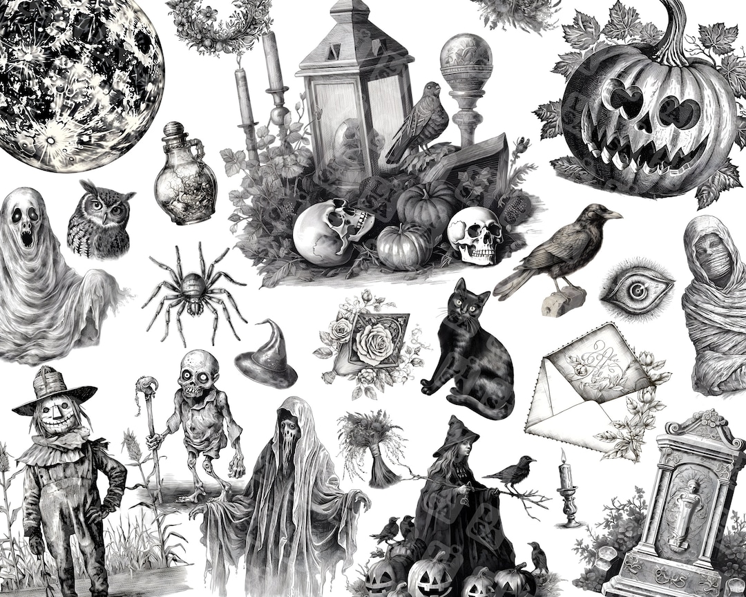 40 Vintage Halloween Clip Art Antique Halloween Bundle Clipart Graphics ...
