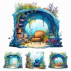 Underwater Book Nook Png - Watercolor Reading Clipart - Card Making ...
