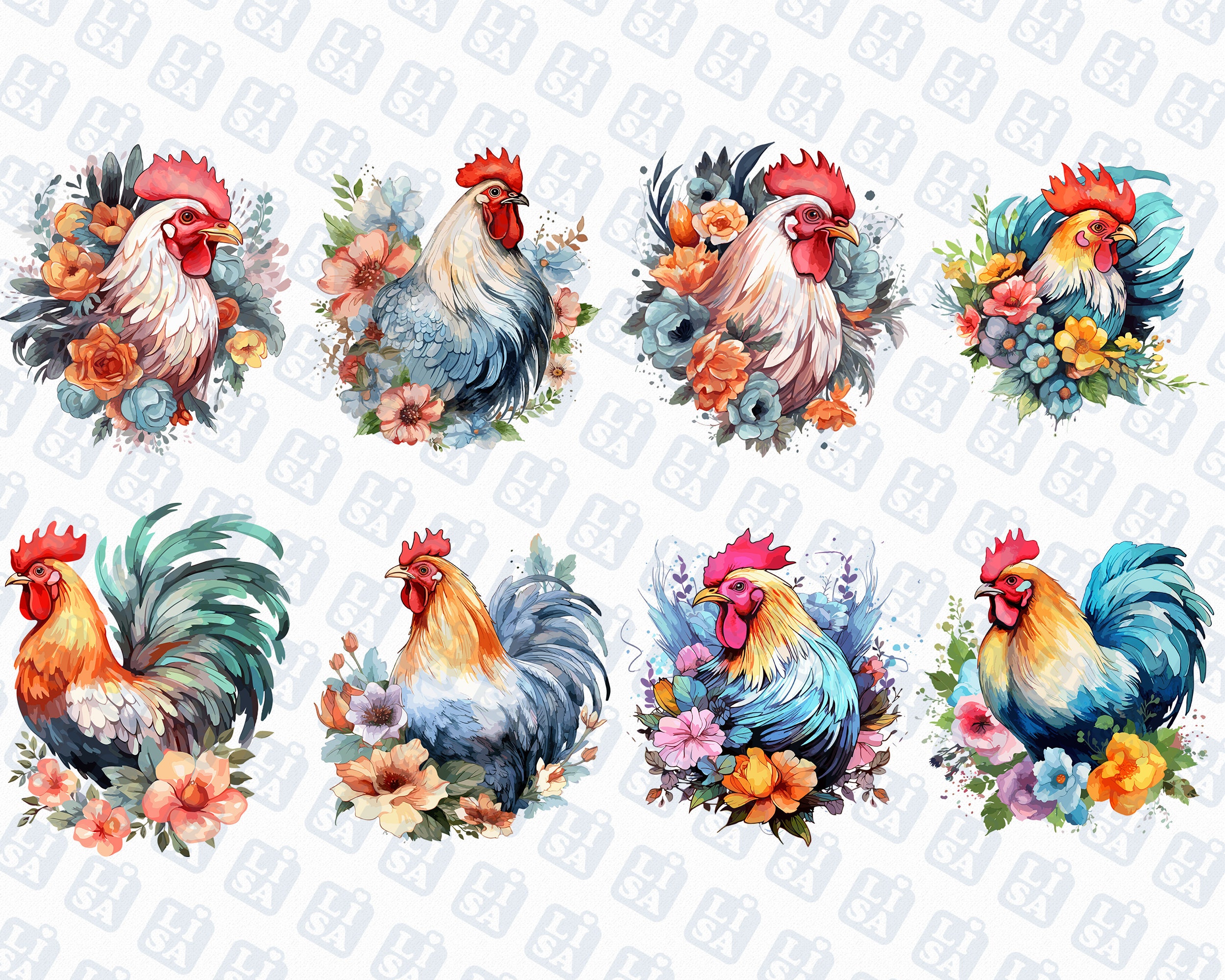 13 Watercolor Floral Chicken Png. Farm Animals Sublimation - Etsy
