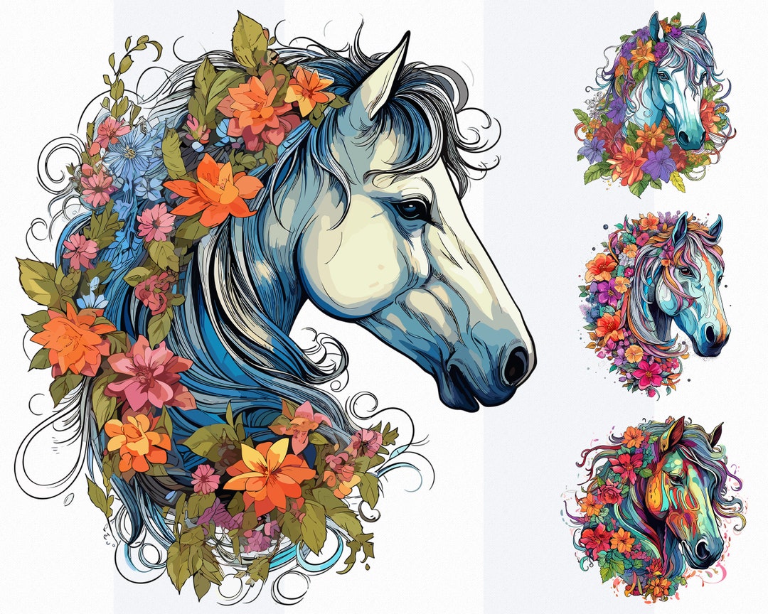 4 Floral Rainbow Horse Watercolor Png. Flower Horse Clipart. Instant ...