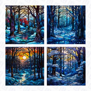 Winter Forest Stained Glass Digital Paper - Digital Background, Snowy ...