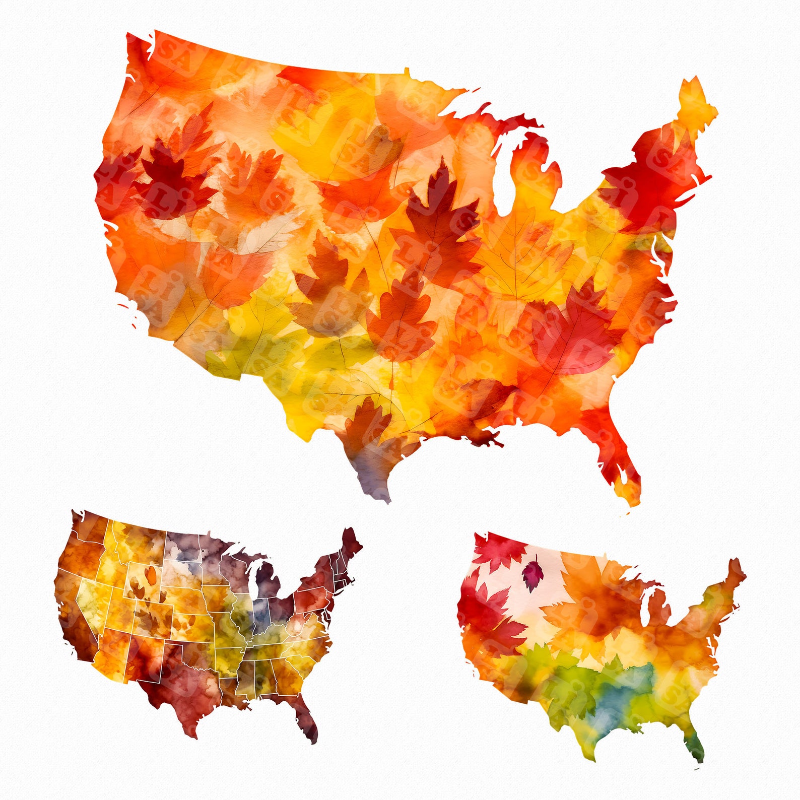 Watercolor Autumn USA Map Png United States Map Watercolor - Etsy