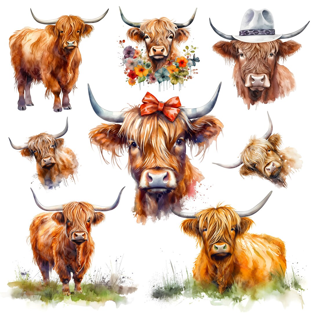 Watercolor Highland Cow Clipart - Cow With Hat, Flowers, Bow - Digital ...