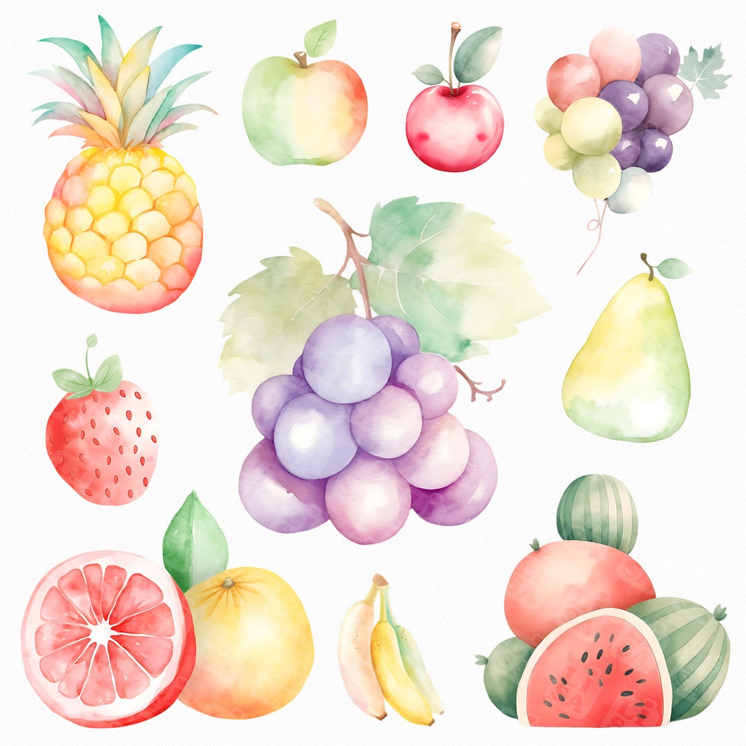 Watercolor Pastel Fruit Png - Nursery Clipart - Nursery Fruits, Soft ...