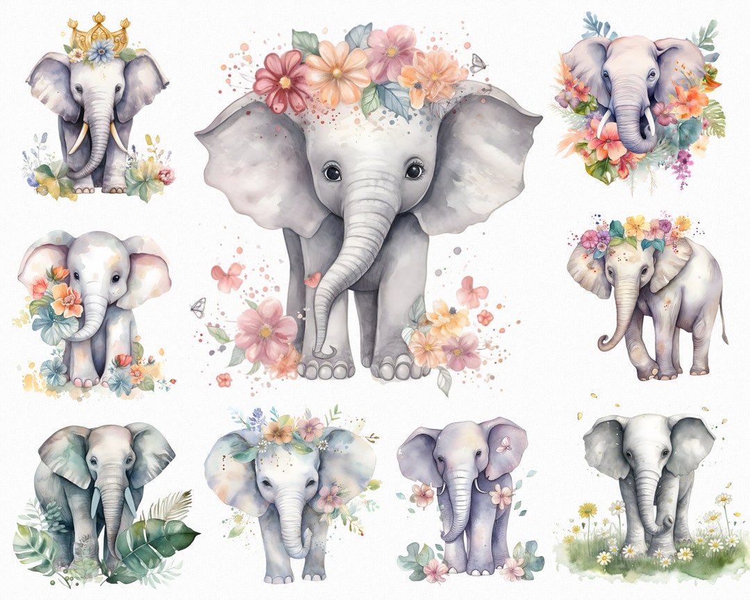 21 Watercolor Floral Elephant Clipart - Cute Elephant Printable ...