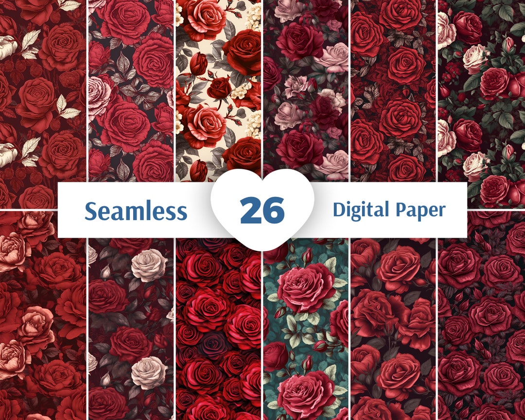 26 Dark Red Roses Seamless Digital Paper Pack. Digital Download ...