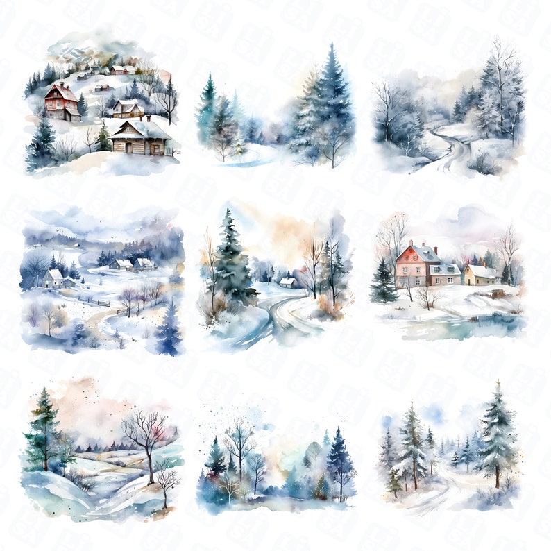 26 Watercolor Winter Landscape Clipart Winter Wonderland - Etsy