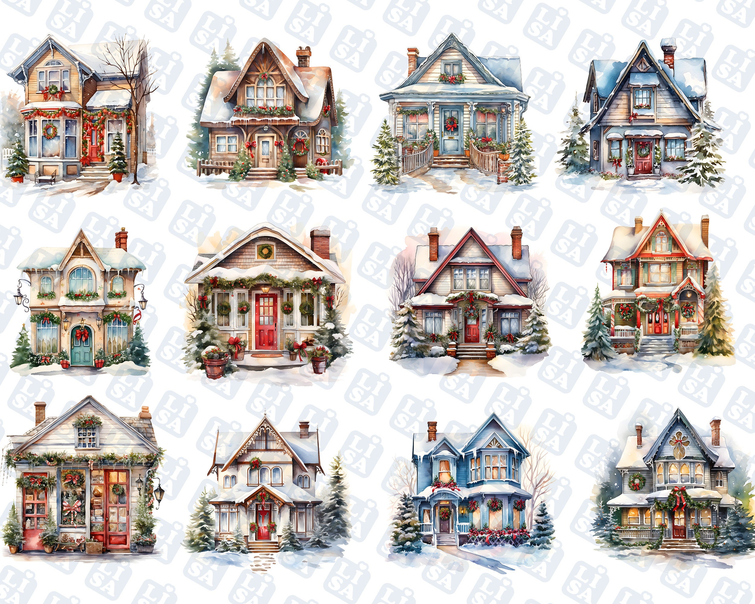 22 Watercolor Christmas House Winter Houses With Christmas - Etsy