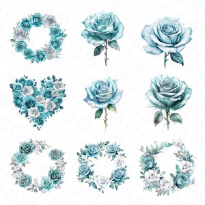Watercolor Aqua Roses Clipart - Turquoise Flower - Watercolor Wedding ...