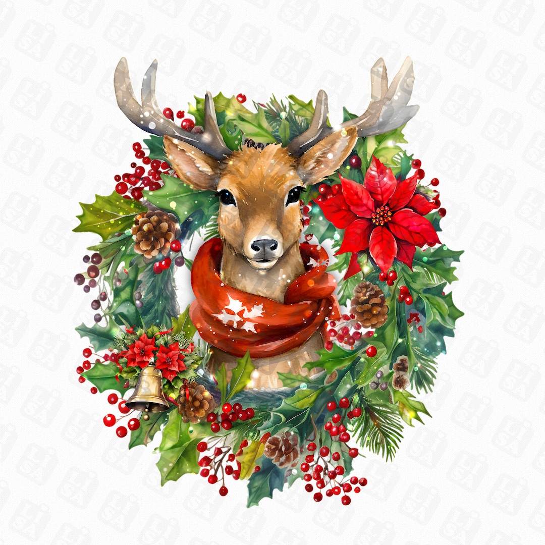 Watercolor Christmas Reindeer Wreath Png - Christmas Png, Christmas ...